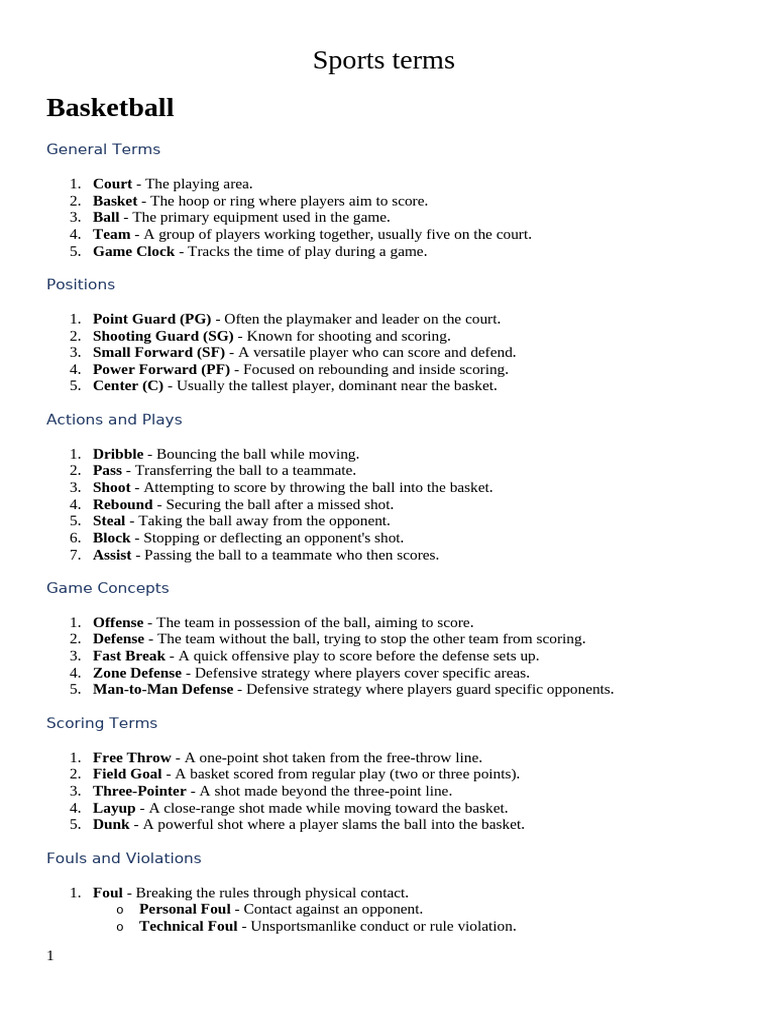 Sports terms (eng) | PDF | Volleyball | Basketball Positions
