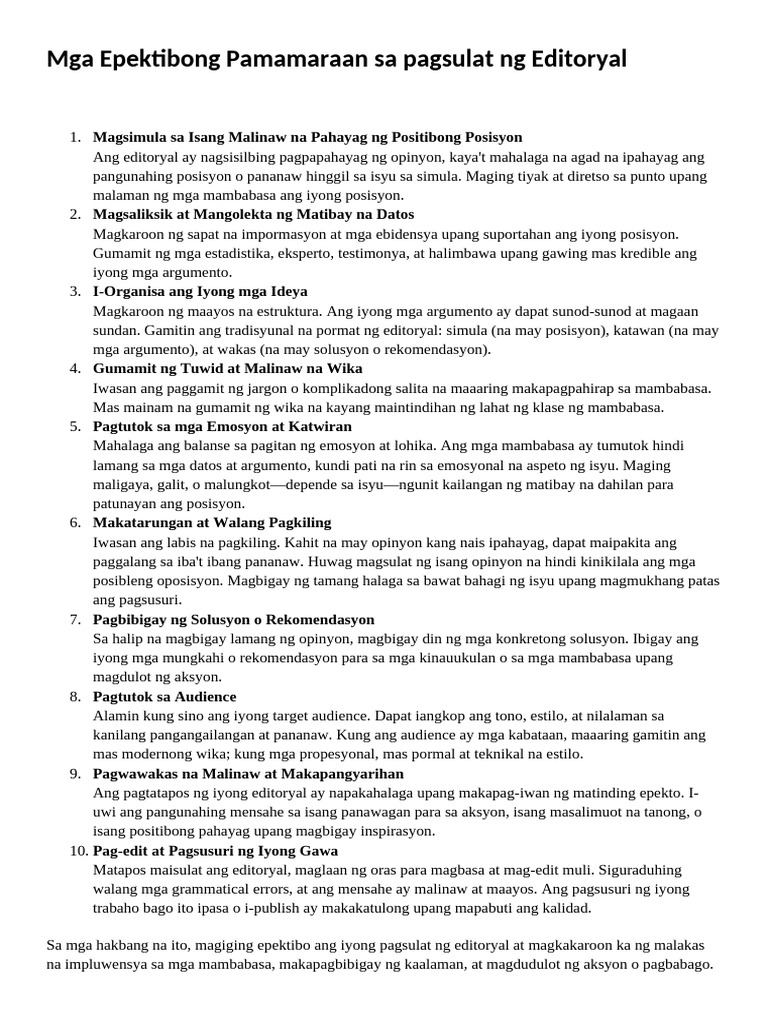 Mga Epektibong Pamamaraan Sa Pagsulat NG Editoryal | PDF
