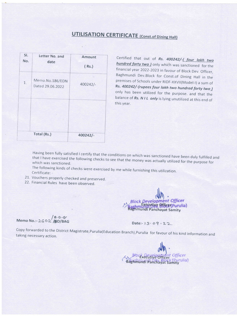Utilization Certificate for School Dining Hall Funds | PDF