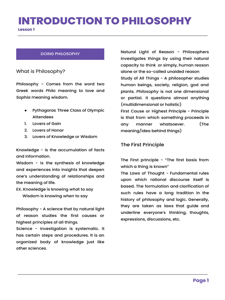 Intro To Philo Lesson 1 | PDF | Reason | Logic