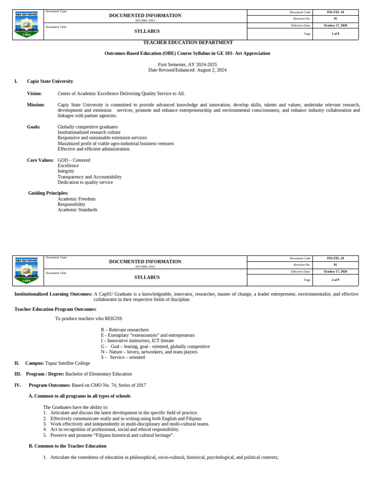 GE-103-Art-Appreciation-Syllabus | PDF | Learning | Educational Technology