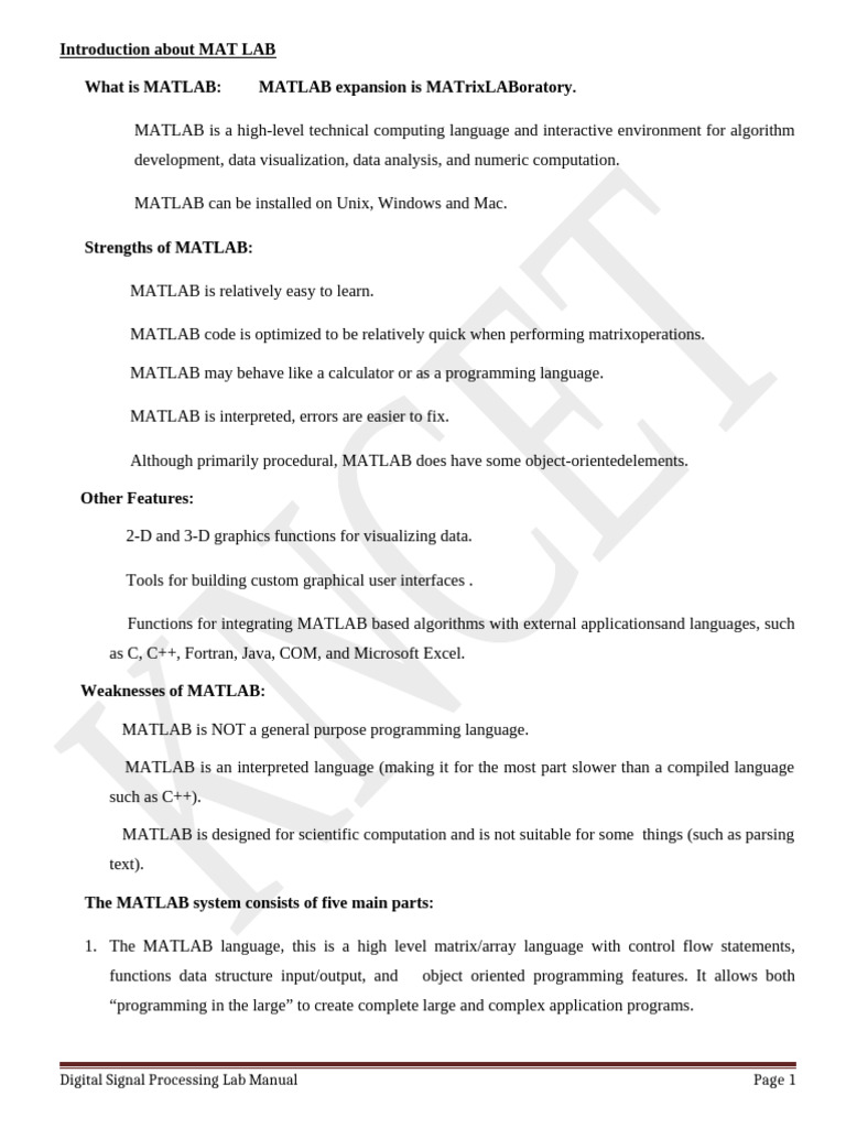 DSP LAB Manual - ECE - KNCET | PDF | Matlab | Computer Programming
