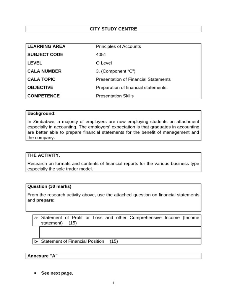 O Level PRINCIPLES OF ACCOUNTS CALA component C 2023 | PDF