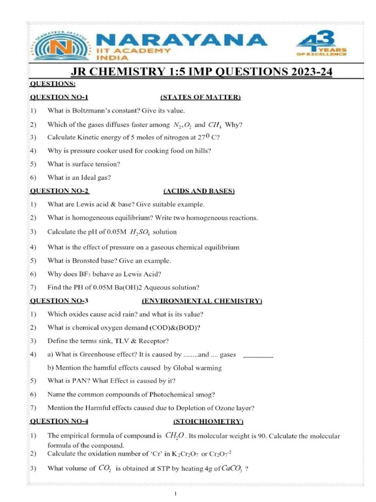 Narayana JR Chem Ipe Imp Questions | PDF