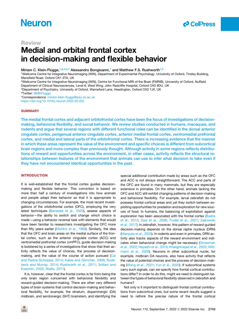Medial And Orbital Frontal Cortex In Decision Making And Flexible Behavior Pdf Cerebral