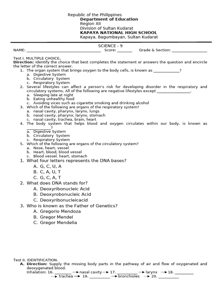 Science 9 Exam: Circulatory & Respiratory Systems | PDF | Dominance ...