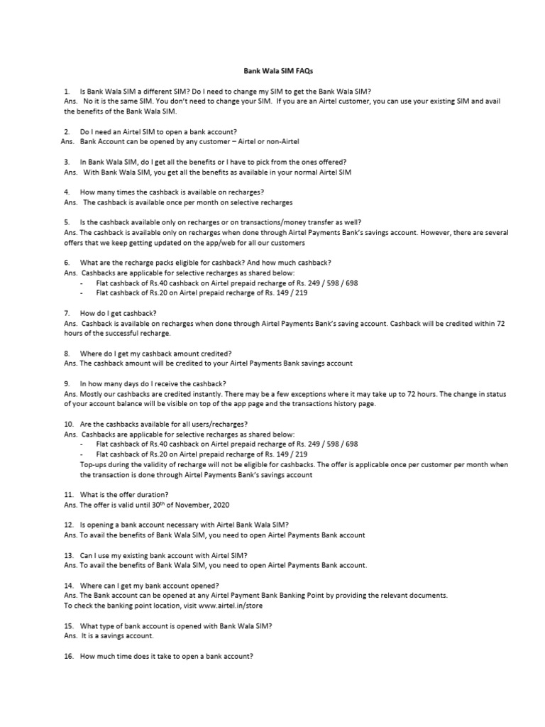 Bank Wala SIM: FAQs and Benefits Guide | PDF | Credit Card | Banks