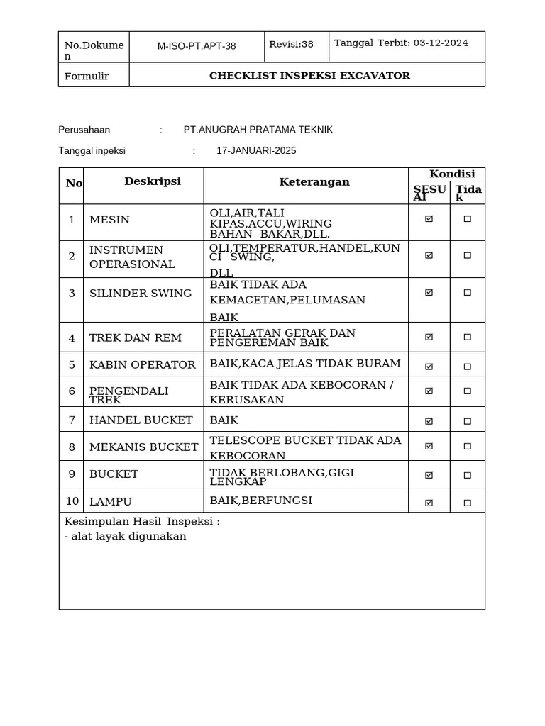 Form Check List Inspeksi Excavator | PDF