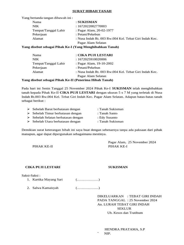 Surat Hibah Tanah | PDF
