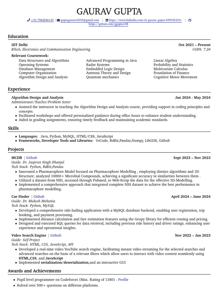 Gaurav Gupta: Electronics Engineer Resume | PDF | Databases | My Sql