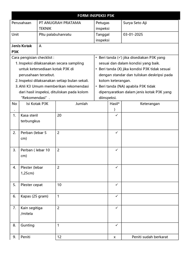 Form Inspeksi P3K | PDF