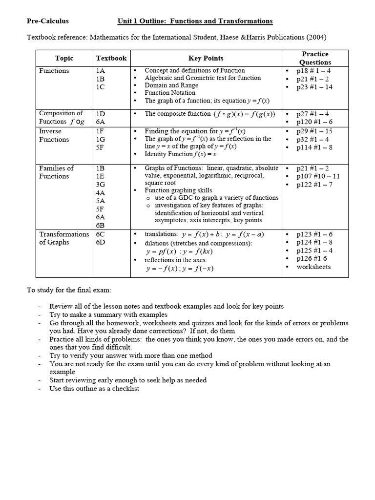 Sem_1_Outline_PreCalc_2010 | PDF | Trigonometry | Quadratic Equation