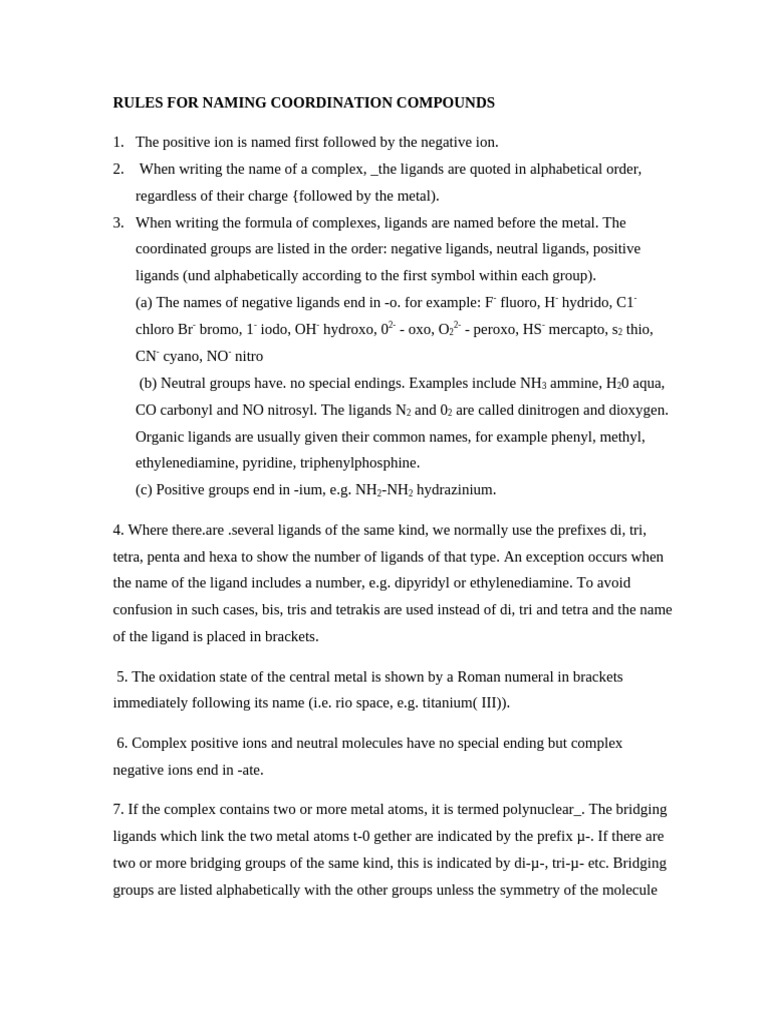 Coordination Compound Naming Rules | PDF | Coordination Complex | Ligand