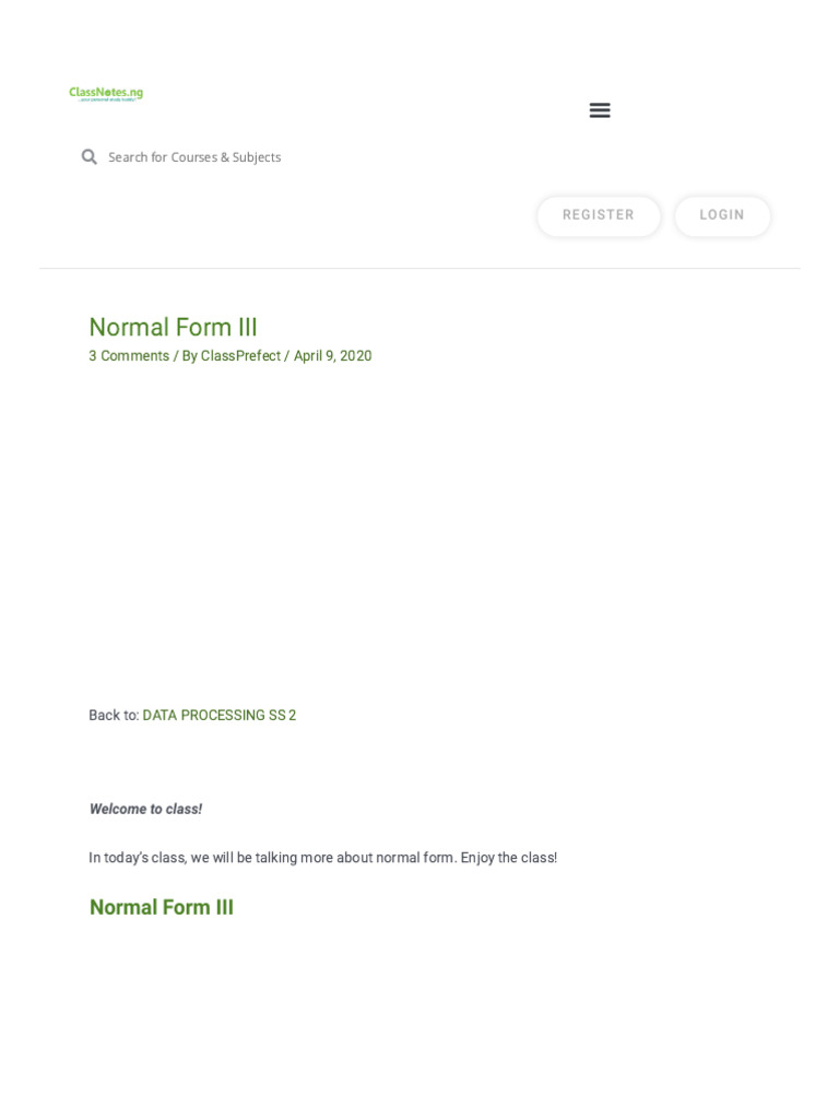 Normal Form III - ClassNotes.ng | PDF | Information Retrieval | Data Model Normal Form III - ClassNotes.ng | PDF | Information Retrieval | Data Model