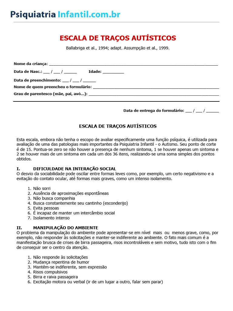 ESCALA DE TRAcOS AUTiSTICOS | PDF | Aprendizado | Espectro do autismo
