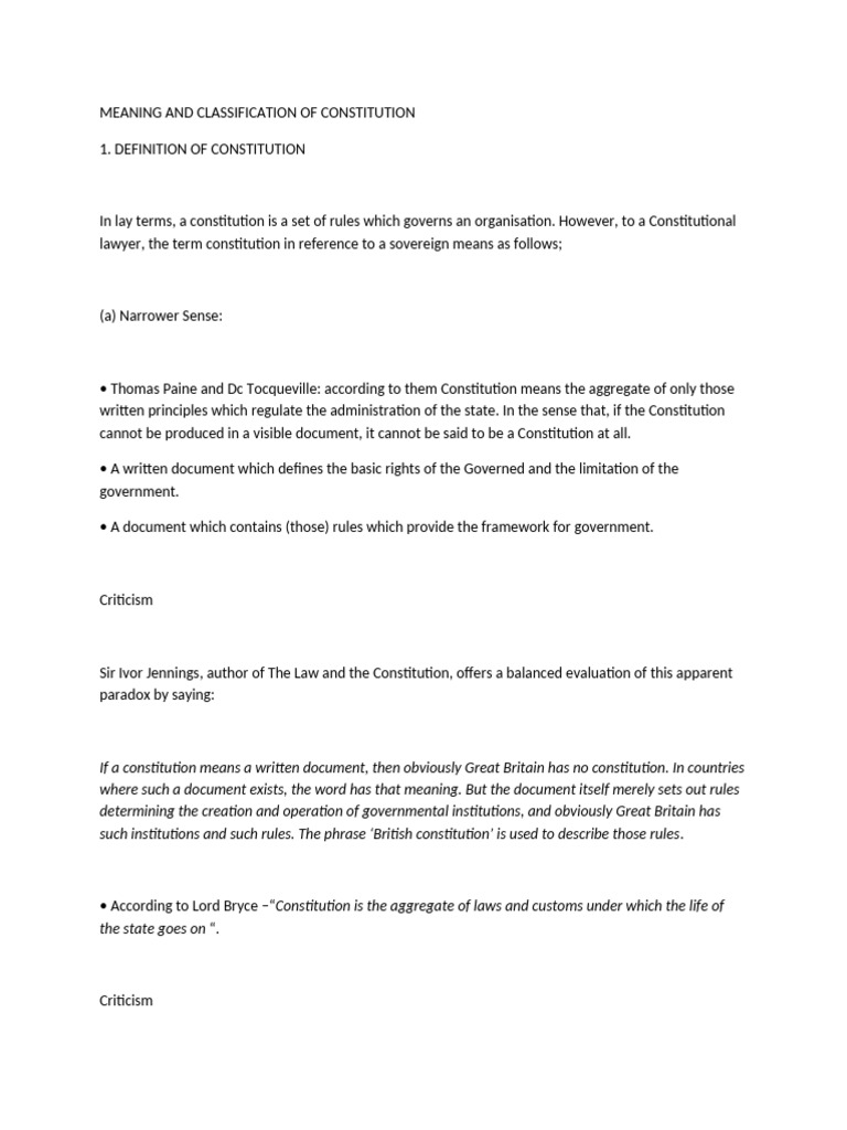 Meaning and Classification of Constituti | PDF | Constitution | Heads ...
