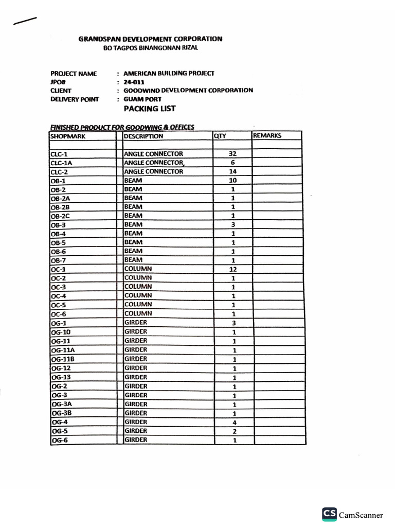 Packing List (Structural Members - Phase 1) | PDF
