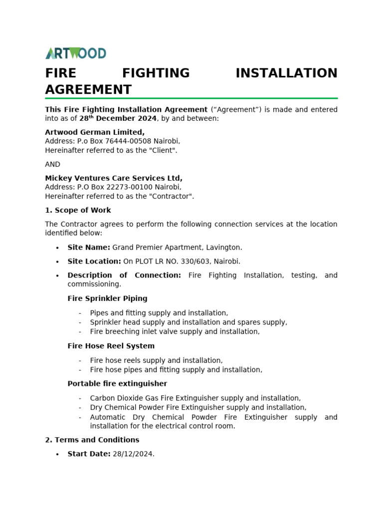 Fire Fighting Installation Agreement | PDF | Mediation | Employment