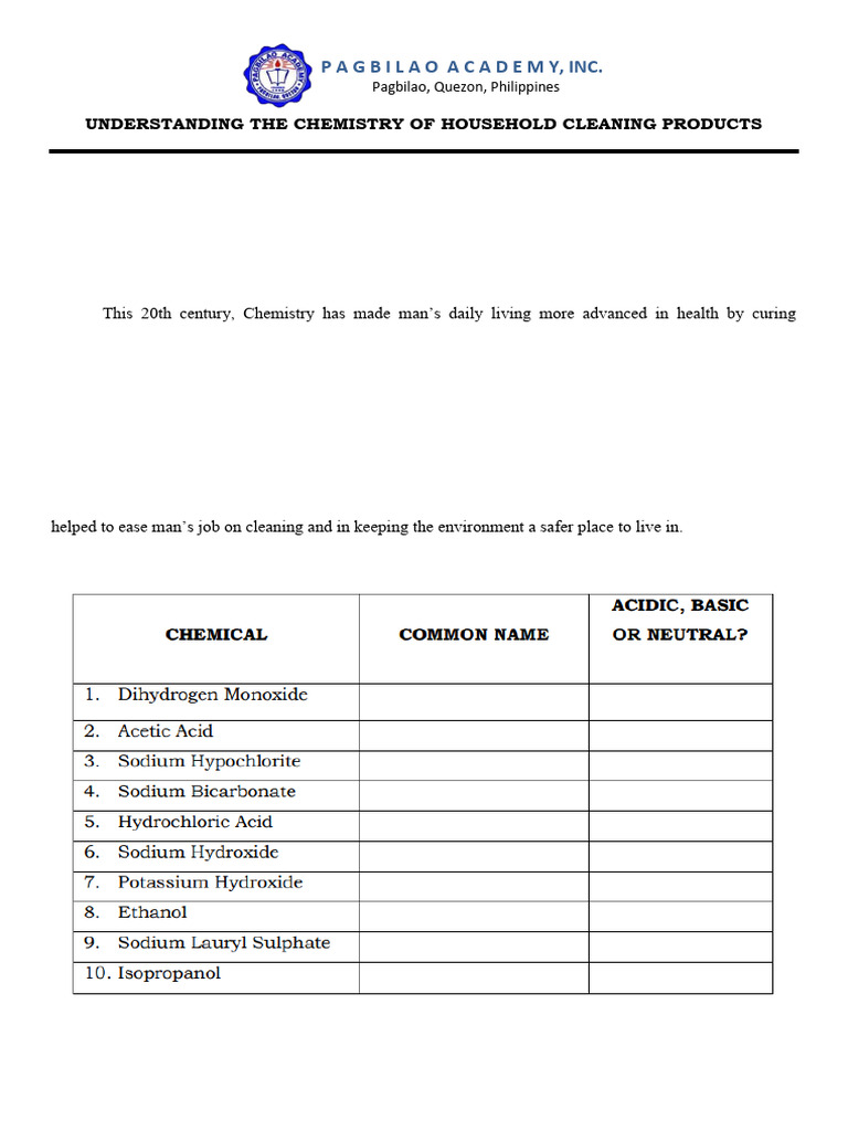 Chemistry in Household Cleaning Products | PDF