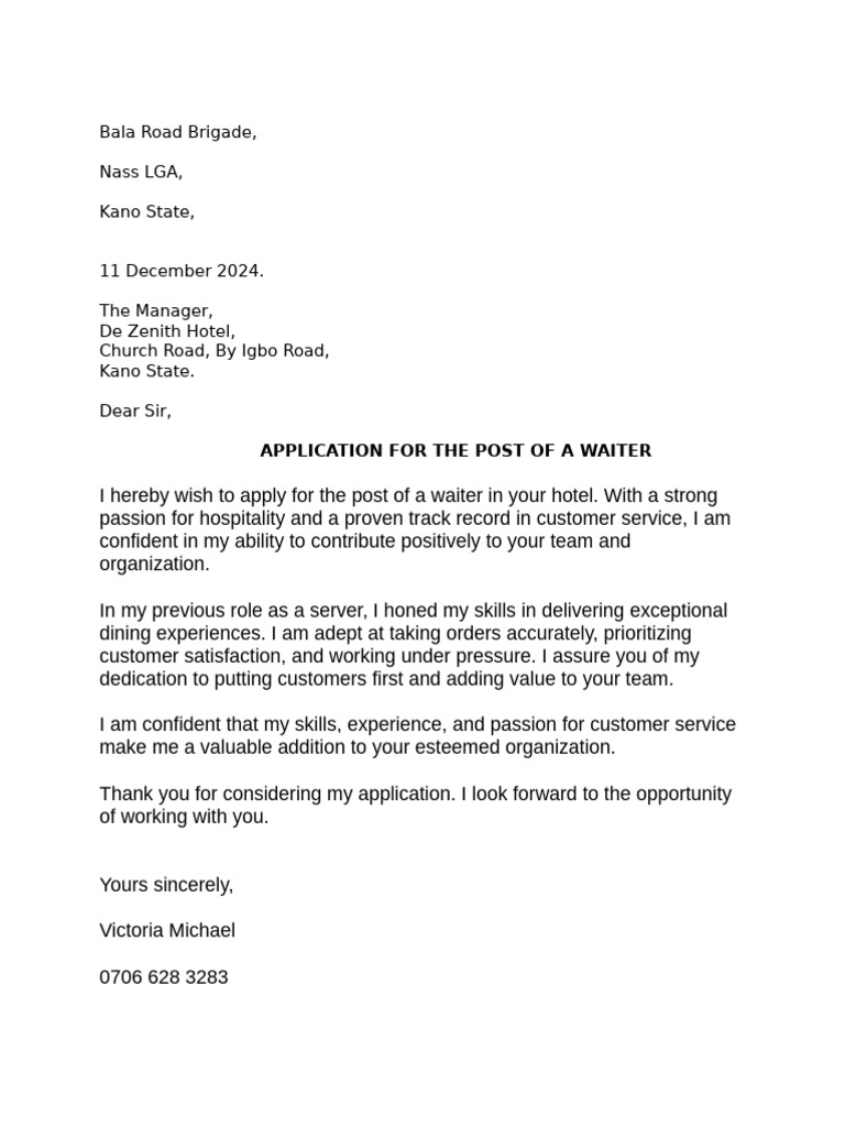 Bala Road Brigade, Nass LGA, Kano State,: Application For The Post of A ...