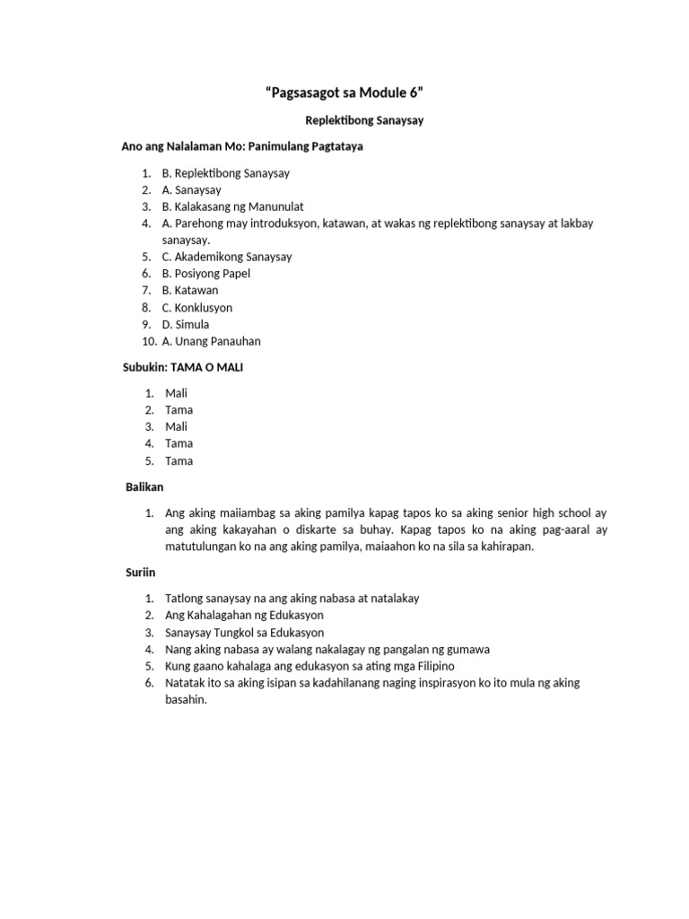 Camba - Pagsasagot Sa Module 6 | PDF