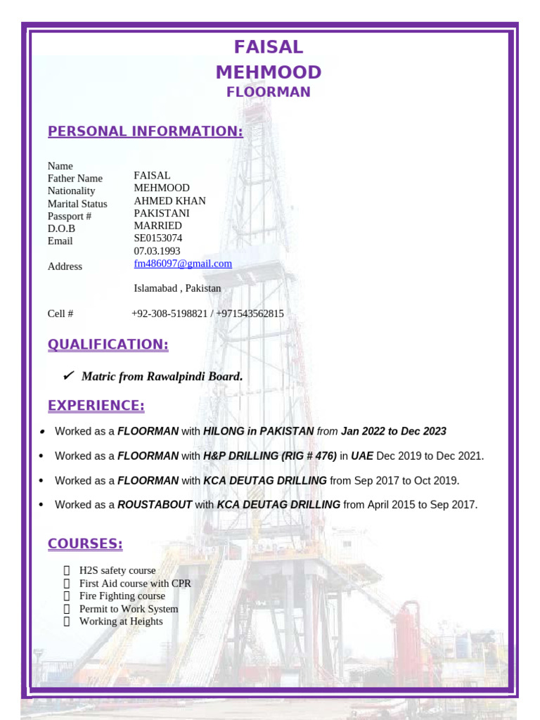 Faisal Mehmood's Floorman CV (Onshore)-1 | PDF