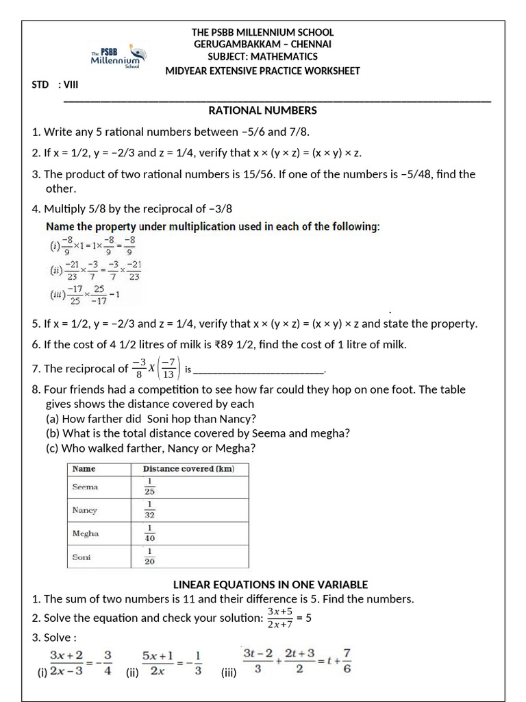 Class 8 MY Extensive Worksheet | PDF | Rectangle | Numbers