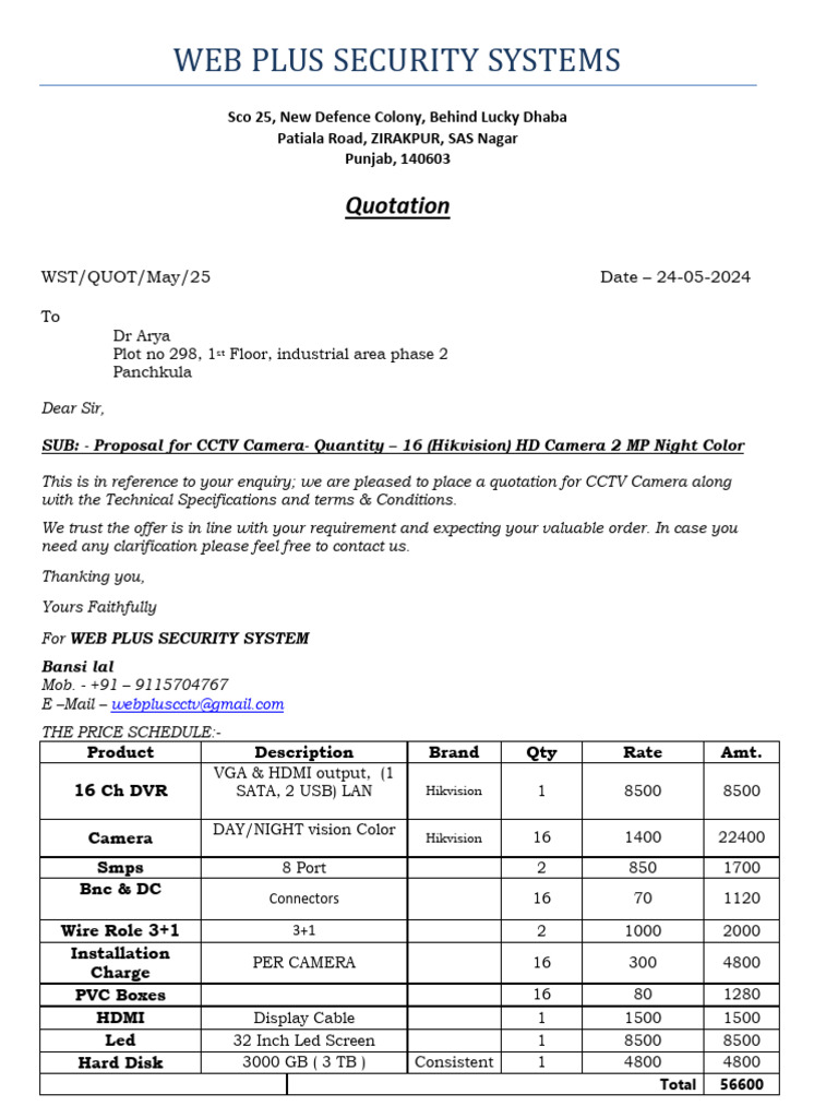 CCTV Quotation for Dr. Arya | PDF | Hdmi | Computer Hardware