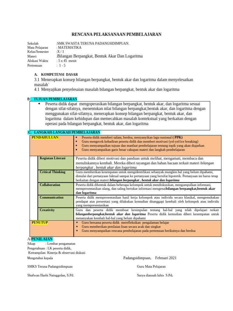 Contoh RPP 1 Lembar Kelas X | PDF
