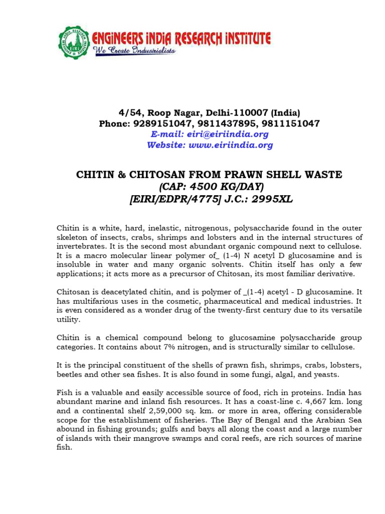 Project Report On CHITIN & CHITOSAN FROM PRAWN SHELL WASTE (CAP: 4500 ...