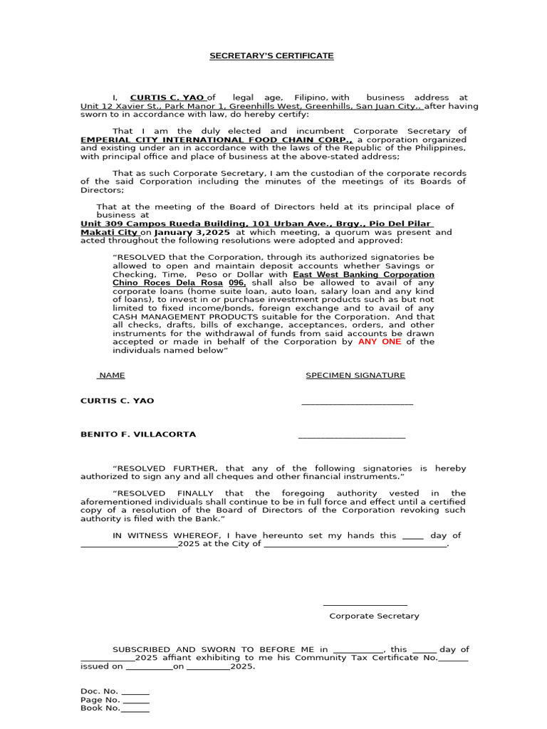 Secretary's Certificate-correct Format | PDF | Money