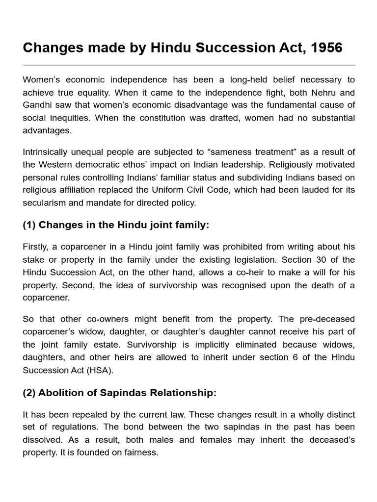 Changes Made by Hindu Succession Act, 1956 | PDF | Inheritance ...