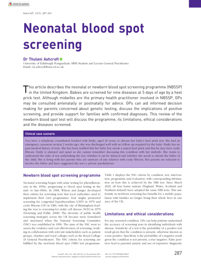 UK Neonatal Blood Spot Screening Overview | PDF | Screening (Medicine ...