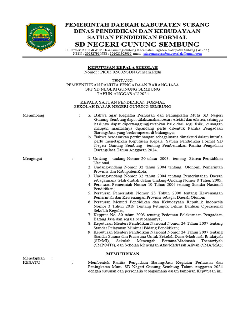 Pembentukan Panitia Pengadaan SD Gunung Sembung | PDF