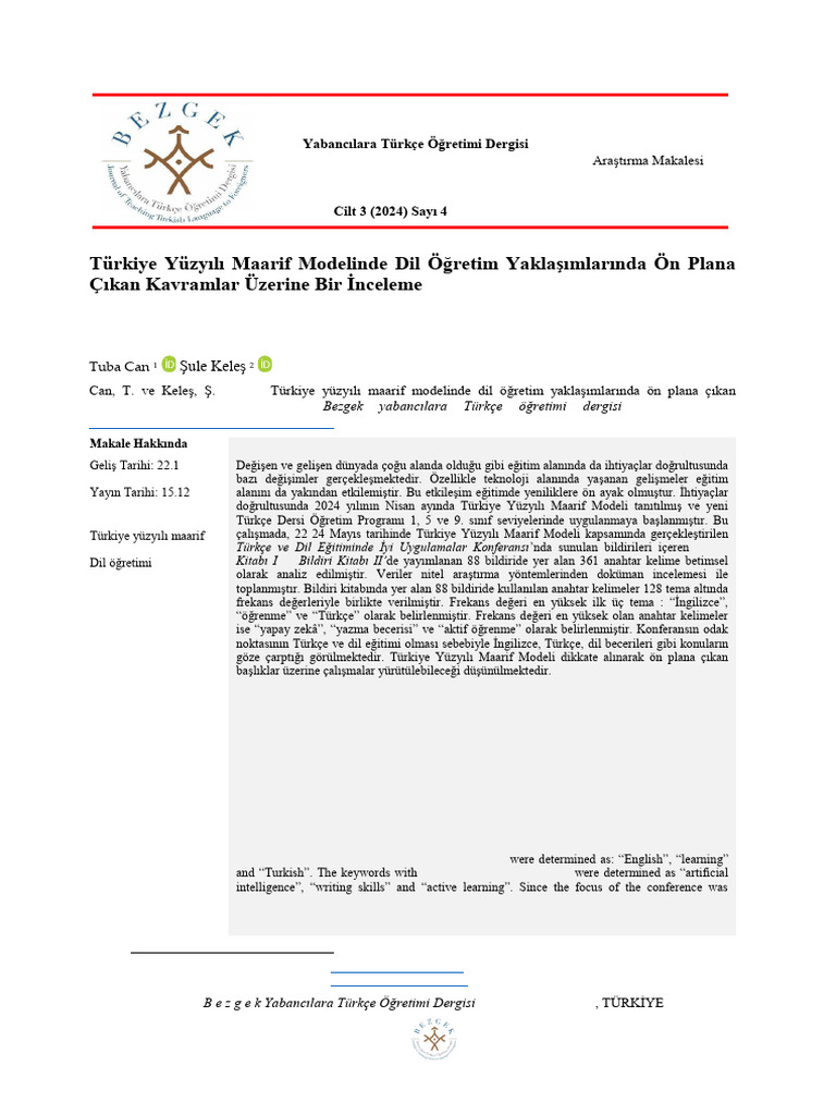 T Rkiye Y Zy L Maarif Modelinde Dil Retim Yakla Mlar Nda N Plana Kan Kavramlar Zerine Bir ...