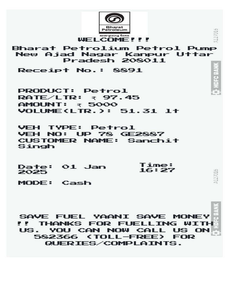 Petrol Receipt from Bharat Petroleum | PDF