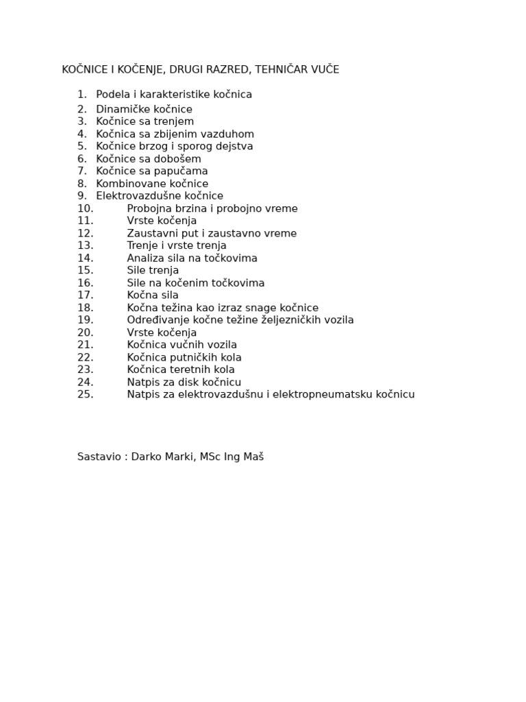 Kočnice I Kočenje, Pitanja II Razred | PDF