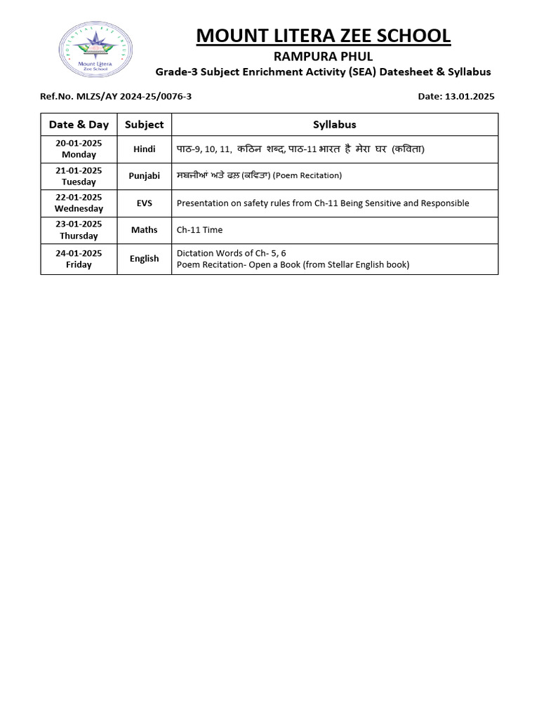 Grade-3 SEA Datesheet & Syllabus - 1383 | PDF