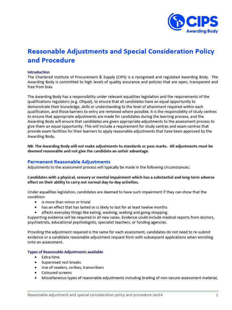 CIPS Reasonable Adjustments Policy | PDF | Disability | Intellectual ...
