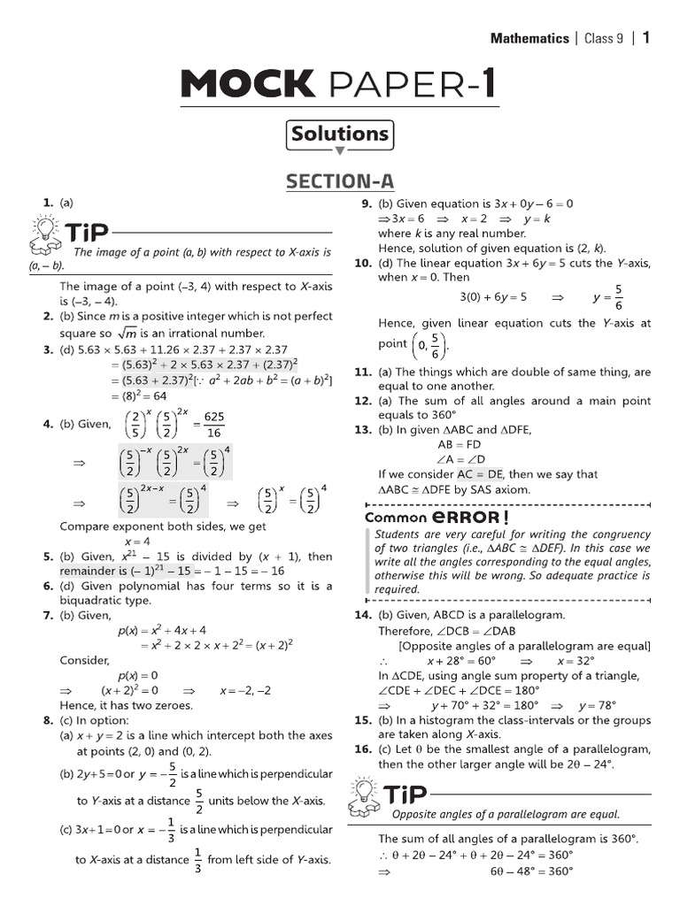 Maths Class 9 Mock Paper Answers | PDF