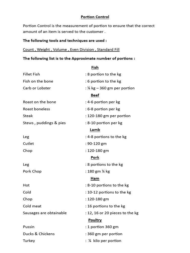 Portion Control Techniques and Guidelines | PDF