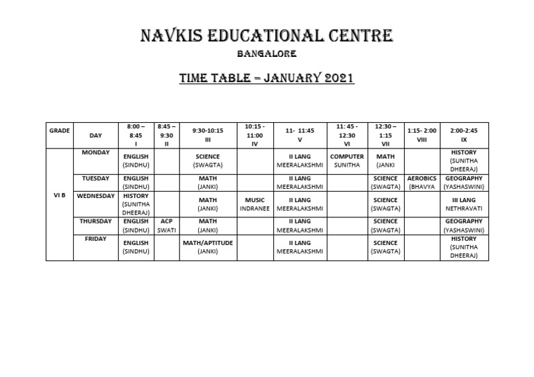 Navkis Educational Centre: TIME TABLE - January 2021 | PDF
