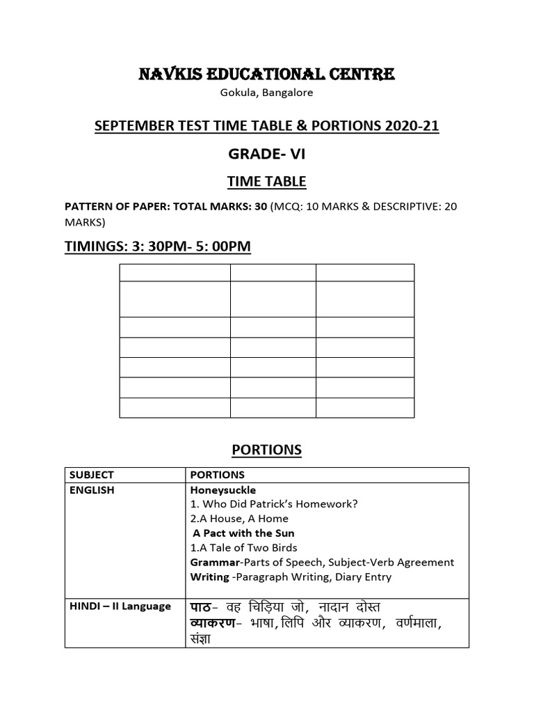 Navkis School Timetable for September | PDF
