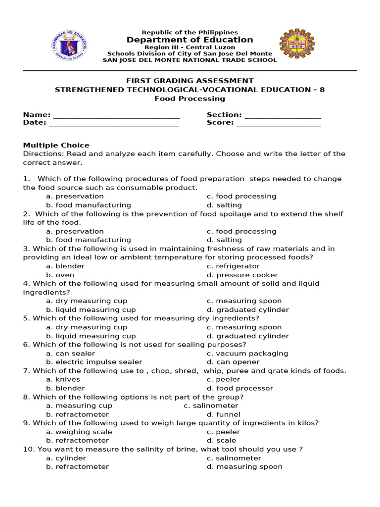 1st Periodical Test Food Processing.8 | PDF | Food Processing | Food ...