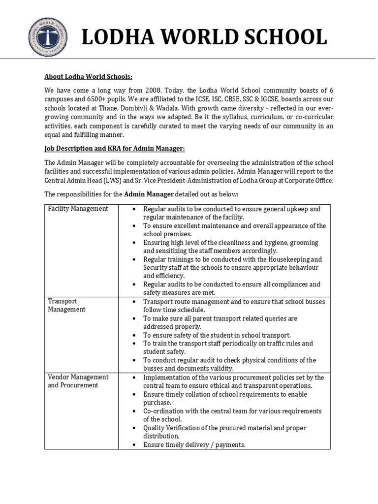 Job Description - Admin Manager - CBG Palava School | PDF | Business