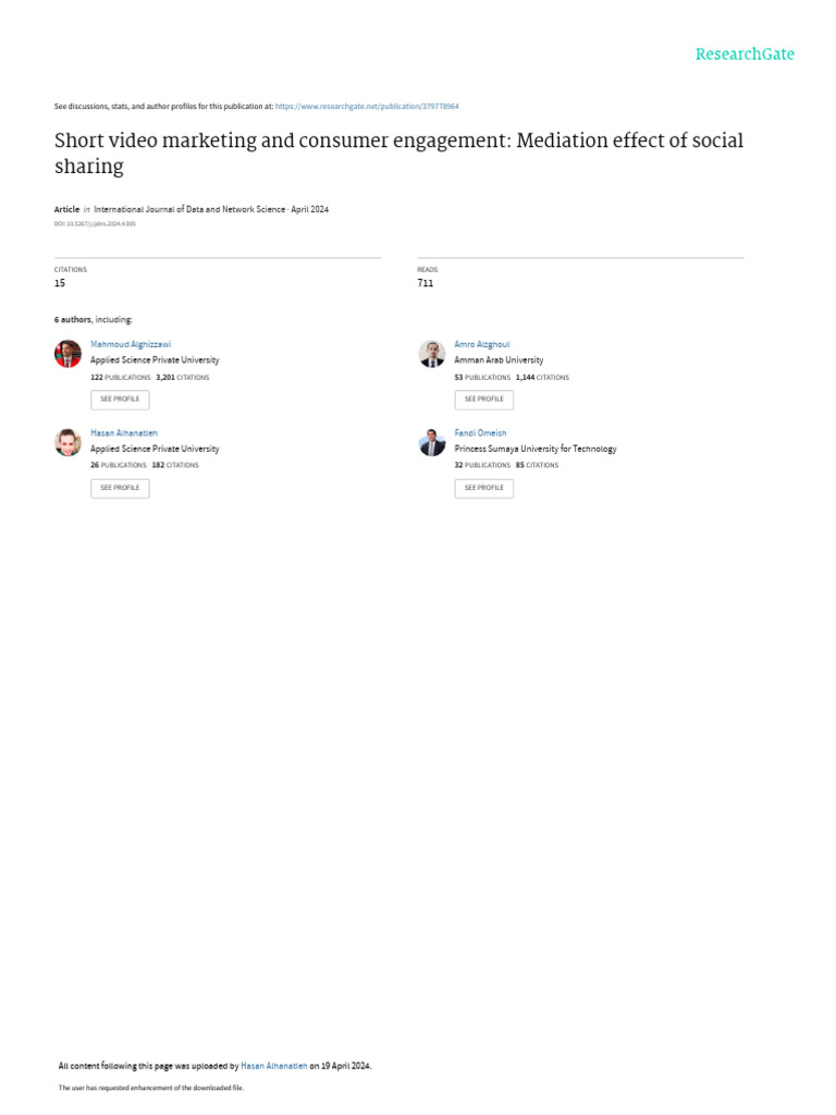 Short Video Marketing and Consumer Engagement Mediation Effect of ...