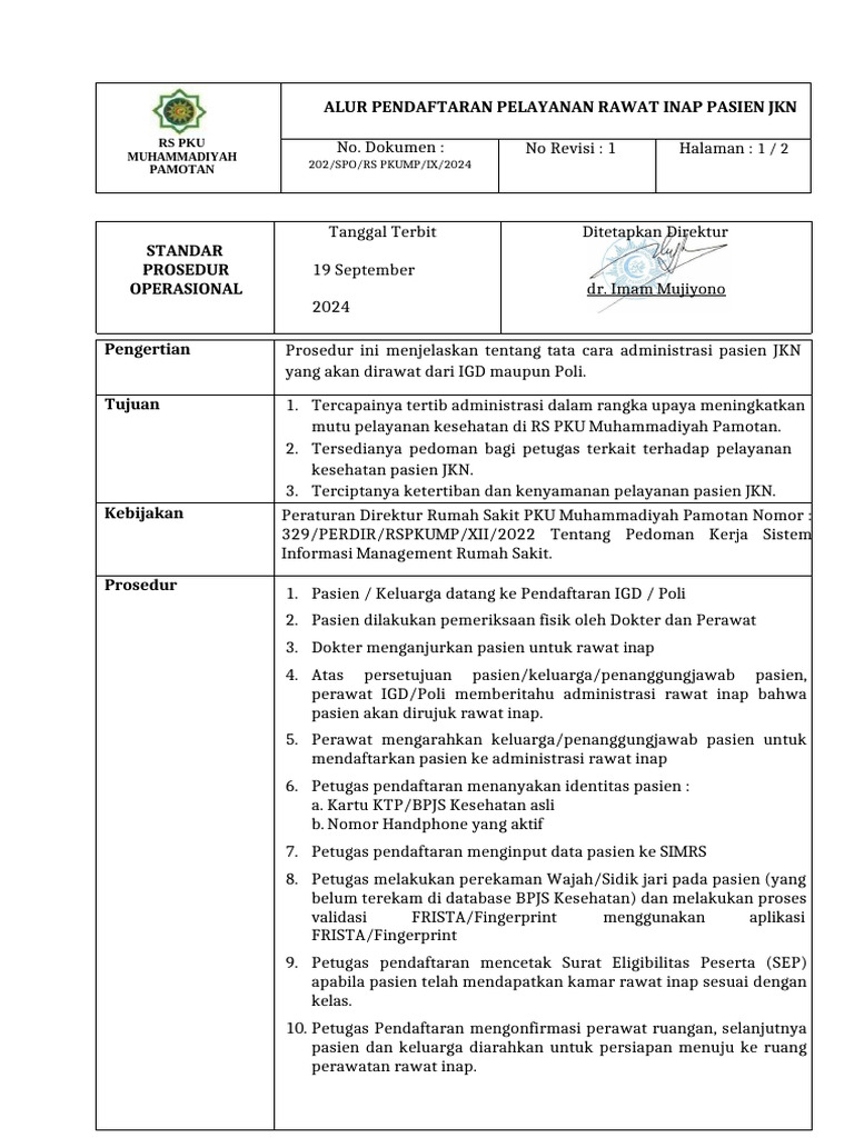 202 SPO Alur Pendaftaran Pelayanan Pasien Rawat Inap Pasien JKN | PDF