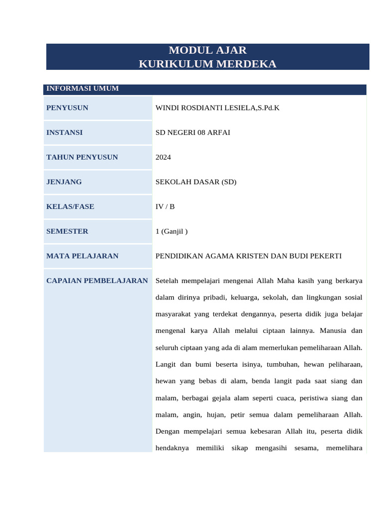 Modul Ajar Ibu Windi Kelas 4 PMM | PDF