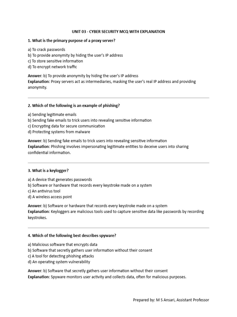 Unit 03 Cyber Security MCQ With Explanation | PDF | Malware | Phishing