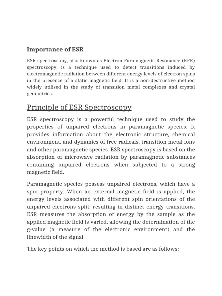 Importance of ESR | PDF | Electron Paramagnetic Resonance | Absorption Spectroscopy